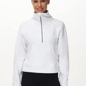 THE GYM PEOPLE Women's Half Zip Pullover Sweatshirt Fleece Stand Collar Crop Sweatshirt with Pockets Thumb Hole White