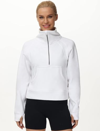 THE GYM PEOPLE Women's Half Zip Pullover Sweatshirt Fleece Stand Collar Crop Sweatshirt with Pockets Thumb Hole White