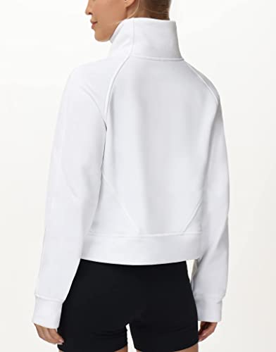 THE GYM PEOPLE Women's Half Zip Pullover Sweatshirt Fleece Stand Collar Crop Sweatshirt with Pockets Thumb Hole White