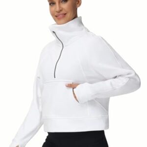 THE GYM PEOPLE Women's Half Zip Pullover Sweatshirt Fleece Stand Collar Crop Sweatshirt with Pockets Thumb Hole White