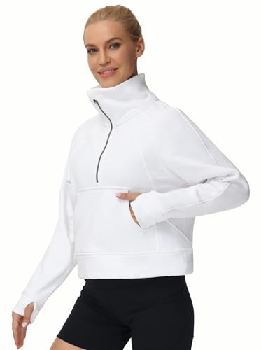 THE GYM PEOPLE Women's Half Zip Pullover Sweatshirt Fleece Stand Collar Crop Sweatshirt with Pockets Thumb Hole White