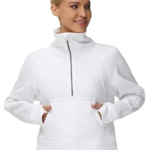 THE GYM PEOPLE Women's Half Zip Pullover Sweatshirt Fleece Stand Collar Crop Sweatshirt with Pockets Thumb Hole White