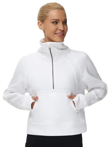 THE GYM PEOPLE Women's Half Zip Pullover Sweatshirt Fleece Stand Collar Crop Sweatshirt with Pockets Thumb Hole White