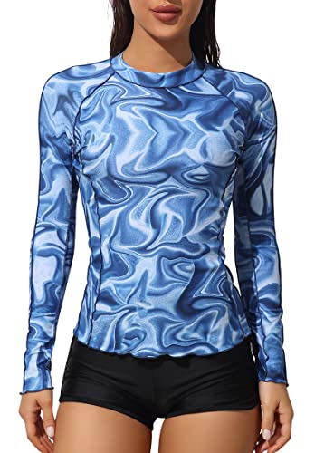 ATTRACO Rash Guard for Women Long Sleeve Swim Shirt Y2K Skiny UV Swimsuit Top UPF 50+ Blue L