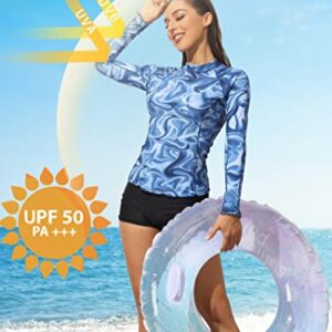 ATTRACO Rash Guard for Women Long Sleeve Swim Shirt Y2K Skiny UV Swimsuit Top UPF 50+ Blue L