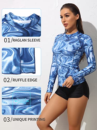 ATTRACO Rash Guard for Women Long Sleeve Swim Shirt Y2K Skiny UV Swimsuit Top UPF 50+ Blue L