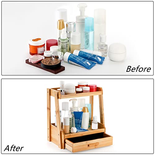 Lyellfe 2 Tier Bamboo Makeup Organizer, Bathroom Counter Organizer with Drawer, Multi-purpose Cosmetic Perfume Display Stand for Skincare, Lipstick, Jewelry, Brush, Easy Assembly