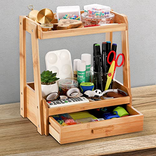 Lyellfe 2 Tier Bamboo Makeup Organizer, Bathroom Counter Organizer with Drawer, Multi-purpose Cosmetic Perfume Display Stand for Skincare, Lipstick, Jewelry, Brush, Easy Assembly