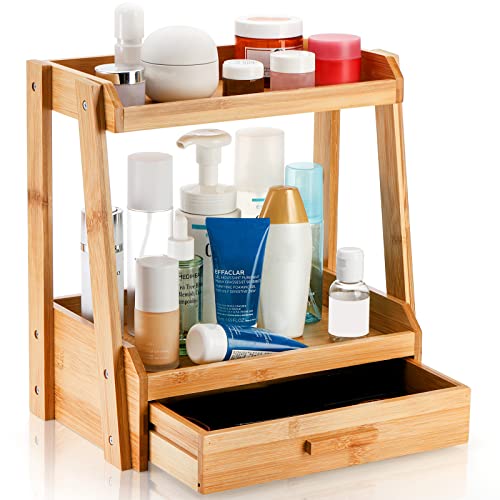 Lyellfe 2 Tier Bamboo Makeup Organizer, Bathroom Counter Organizer with Drawer, Multi-purpose Cosmetic Perfume Display Stand for Skincare, Lipstick, Jewelry, Brush, Easy Assembly