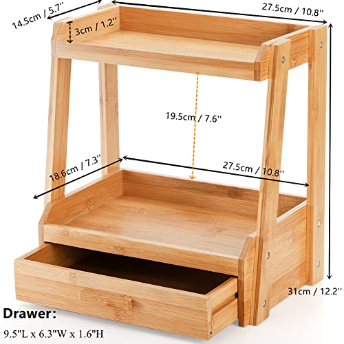 Lyellfe 2 Tier Bamboo Makeup Organizer, Bathroom Counter Organizer with Drawer, Multi-purpose Cosmetic Perfume Display Stand for Skincare, Lipstick, Jewelry, Brush, Easy Assembly