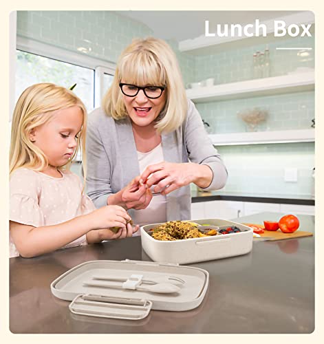 ANDMOON Bento Lunch Box with Kids/Adults, 5 Compartments Leakproof Lunch Container with Dressing Cup, Eco-Friendly Double Insulated Boxes, Dishwasher and Microwave Safe, BPA-Free (white)