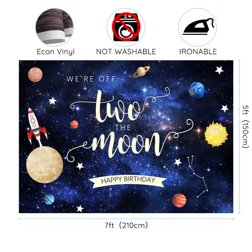 7x5ft Two The Moon 2nd Birthday Backdrop for Boy Kids Outer Space Rocket Astronaut Theme Background Night Sky Gold Hanging Stars Planet Galaxy Photo Photography Party Decoration Supplies