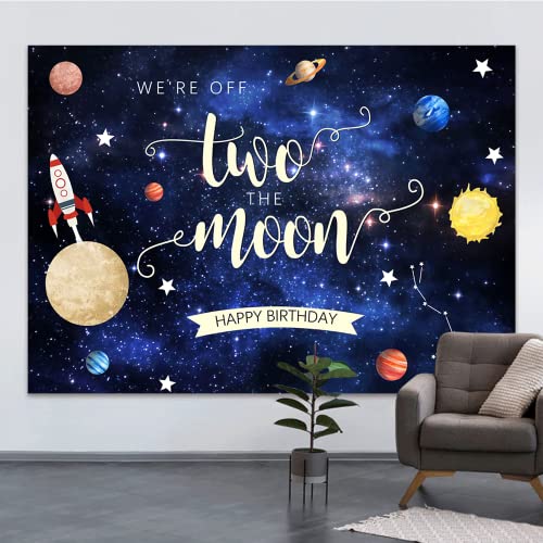 7x5ft Two The Moon 2nd Birthday Backdrop for Boy Kids Outer Space Rocket Astronaut Theme Background Night Sky Gold Hanging Stars Planet Galaxy Photo Photography Party Decoration Supplies