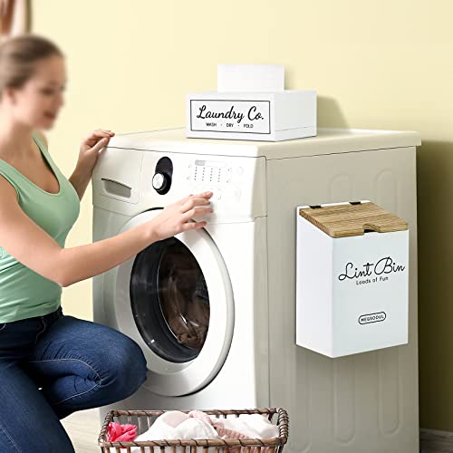 Magnetic Lint Bin and Dryer Sheet Holder Set for Laundry Room, Farmhouse Wooden Lint Trash Can with Lid and Dryer Sheet Dispenser Box Magnetic for Mounting on Dryer,Stylish Laundry Room Organization