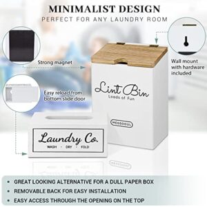 Magnetic Lint Bin and Dryer Sheet Holder Set for Laundry Room, Farmhouse Wooden Lint Trash Can with Lid and Dryer Sheet Dispenser Box Magnetic for Mounting on Dryer,Stylish Laundry Room Organization