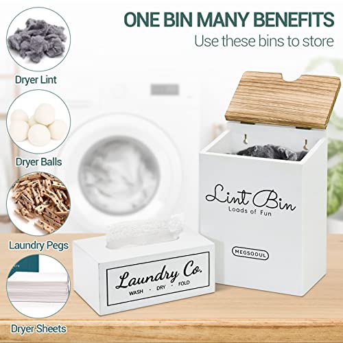 Magnetic Lint Bin and Dryer Sheet Holder Set for Laundry Room, Farmhouse Wooden Lint Trash Can with Lid and Dryer Sheet Dispenser Box Magnetic for Mounting on Dryer,Stylish Laundry Room Organization