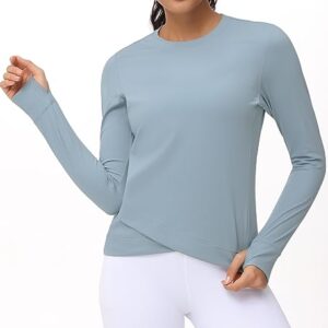 Women's Long Sleeve Compression Shirts Workout Tops Cross Hem Athletic Running Yoga T-Shirts with Thumb Hole Denim Blue