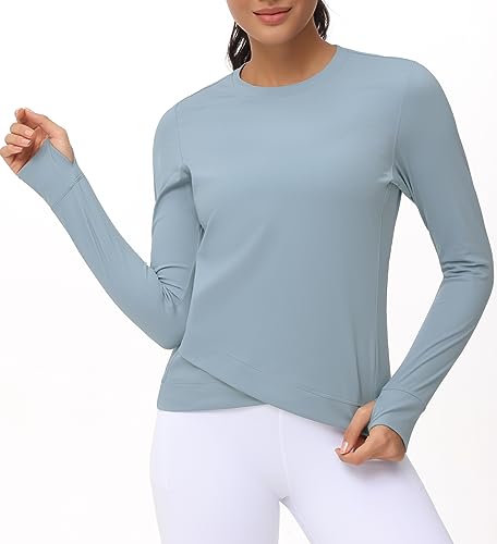 Women's Long Sleeve Compression Shirts Workout Tops Cross Hem Athletic Running Yoga T-Shirts with Thumb Hole Denim Blue