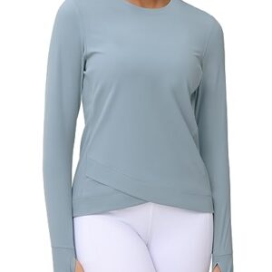 Women's Long Sleeve Compression Shirts Workout Tops Cross Hem Athletic Running Yoga T-Shirts with Thumb Hole Denim Blue