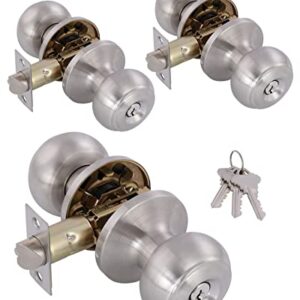 GITRANG (3 Pack Door Knobs Interior Keyed Difference Entry Front Bedroom Doorknobs with Lock Flat Ball Handle Lock Sets in Satin Nickel