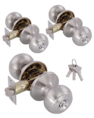 GITRANG (3 Pack Door Knobs Interior Keyed Difference Entry Front Bedroom Doorknobs with Lock Flat Ball Handle Lock Sets in Satin Nickel