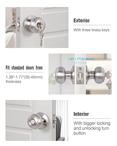 GITRANG (3 Pack Door Knobs Interior Keyed Difference Entry Front Bedroom Doorknobs with Lock Flat Ball Handle Lock Sets in Satin Nickel