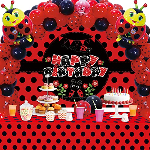 Vlipoeasn 69 Pcs Ladybug Theme Suit Birthday Party Decor Red Black Polka Dots Balloons Garland Arch Ladybug Balloons Tablecloth Banner Birthday Party Supplies Decorations