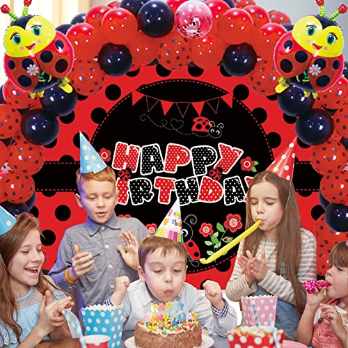 Vlipoeasn 69 Pcs Ladybug Theme Suit Birthday Party Decor Red Black Polka Dots Balloons Garland Arch Ladybug Balloons Tablecloth Banner Birthday Party Supplies Decorations