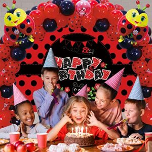 Vlipoeasn 69 Pcs Ladybug Theme Suit Birthday Party Decor Red Black Polka Dots Balloons Garland Arch Ladybug Balloons Tablecloth Banner Birthday Party Supplies Decorations