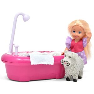 Gift Boutique 4.5 Inch Mini Small Doll with Bathtub Toy Set, Miniature Fashion Doll with Blond Hair and Little Puppy for Toddlers Kids Girls Age 3 4 5 6 7 8 Year Old