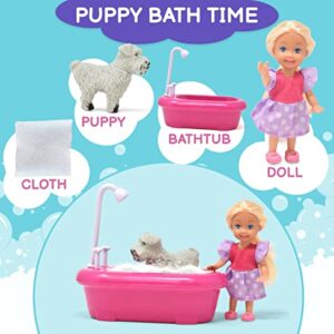 Gift Boutique 4.5 Inch Mini Small Doll with Bathtub Toy Set, Miniature Fashion Doll with Blond Hair and Little Puppy for Toddlers Kids Girls Age 3 4 5 6 7 8 Year Old