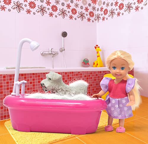 Gift Boutique 4.5 Inch Mini Small Doll with Bathtub Toy Set, Miniature Fashion Doll with Blond Hair and Little Puppy for Toddlers Kids Girls Age 3 4 5 6 7 8 Year Old