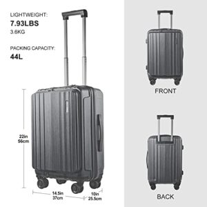 TydeCkare Carry on Luggage 21 Inch with Front Pocket, ABS+PC Hardshell Suitcase with Dual Control TSA Lock, YKK Zipper, 4 Spinner Silent Wheels, Silver Grey