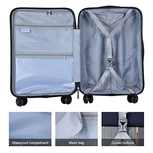 TydeCkare Carry on Luggage 21 Inch with Front Pocket, ABS+PC Hardshell Suitcase with Dual Control TSA Lock, YKK Zipper, 4 Spinner Silent Wheels, Silver Grey