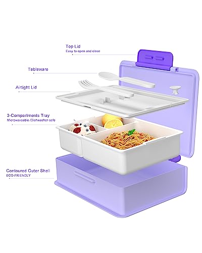 FOOYOO Bento Box Adult Lunch Box, Bento Box for Kids, 3 Compartment 1050ML Leak-Proof Bento Lunch Box for Kids, BPA-Free, Freezer, Dishwasher and Microwavable Safe (Purple)