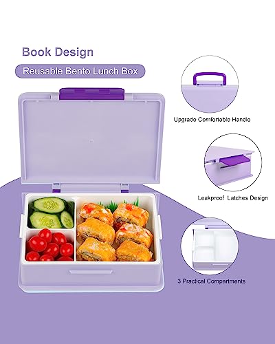 FOOYOO Bento Box Adult Lunch Box, Bento Box for Kids, 3 Compartment 1050ML Leak-Proof Bento Lunch Box for Kids, BPA-Free, Freezer, Dishwasher and Microwavable Safe (Purple)