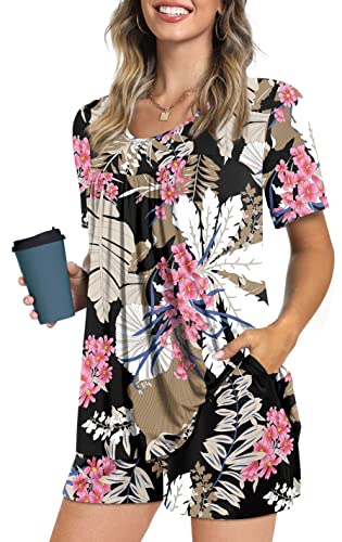 POPYOUNG 2023 Women's Summer Two Piece Pajama Sets With Pockets, Short Sleeve Tunics with comfy Shorts, Lounge Sleepwear Ladies Pjs Sets 2XL, Brown Leaves