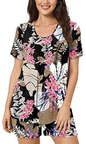 POPYOUNG 2023 Women's Summer Two Piece Pajama Sets With Pockets, Short Sleeve Tunics with comfy Shorts, Lounge Sleepwear Ladies Pjs Sets 2XL, Brown Leaves