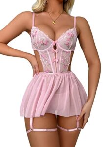 wdirara women's floral embroidery mesh split cut out babydoll lingerie slip dress pink m