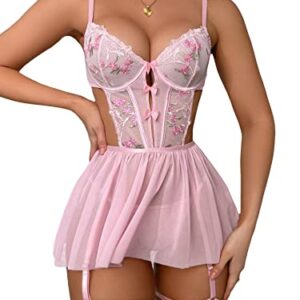 WDIRARA Women's Floral Embroidery Mesh Split Cut Out Babydoll Lingerie Slip Dress Pink M