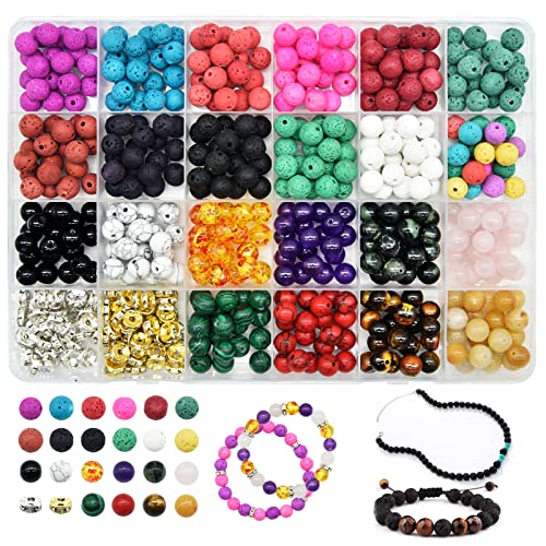 KOTHER 580PCS Nature Stone Beads for Jewelry Making, 8mm DIY Crystal Beads Bracelet Making Kit Healing Chakra Beads with 22 Color Lava Beads and Gemstone Beads Suitable for Beginners