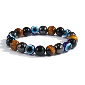 mens beaded bracelets（evil eye, tigers eye,hematite, obsidian）a handmade beaded crystal healing bracelet that can bring luck, happiness and protection(10mm elastic)