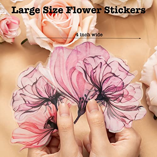 LakoArt 80 Pieces Large Size Transparent Waterproof Flower Stickers Set, Decorative Floral Clear Vinyl Wall Decals for Planner Scrapbook Aesthetic Room Decor Junk Journal Bullet Journals Collage