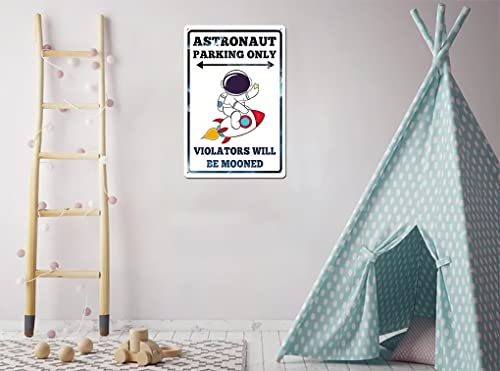 Astronaut Space Parking Only Sign Decor, Outer Space Gifts for Boys Kids Themed Bedroom Room Wall Decorations 12x8 inches Metal Tin sign Stickers Decal Stuff, Home Decor