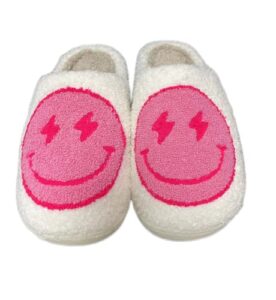 qipilon unisex lightning happy face slippers leopard print happy face slippers cat slippers retro memory foam soft plush slippers warm non-slip home shoes pink 43-44