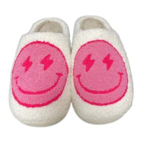 QIPILON Unisex Lightning happy Face Slippers Leopard Print happy Face Slippers Cat Slippers Retro Memory Foam Soft Plush Slippers Warm Non-Slip Home Shoes Pink 43-44