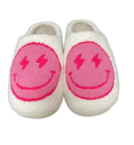 QIPILON Unisex Lightning happy Face Slippers Leopard Print happy Face Slippers Cat Slippers Retro Memory Foam Soft Plush Slippers Warm Non-Slip Home Shoes Pink 43-44