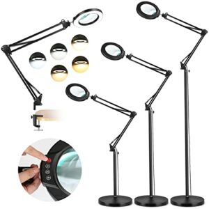 8x magnifying glass with light and stand, krstlv 4-in-1 led 5 color modes stepless dimmable magnifying floor lamp, adjustable swing arm lighted magnifier lamp with clamp for close work, craft, reading