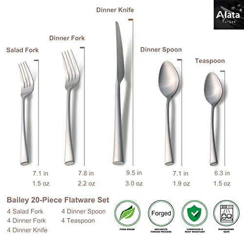 Alata Bailey 20-Piece Forged Stainless Steel Flatware Set Cutlery Set,Service for 4,Matte Satin Finish,Dishwasher Safe