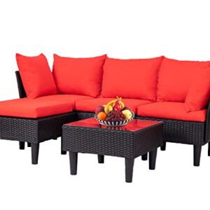 FDW Patio Furniture Sets 5 Pieces Outdoor Wicker Conversation Set Sectional Sofa Rattan Chair for Outdoor Backyard Porch Poolside Balcony Garden Furniture with Coffee Table,Red Cushion